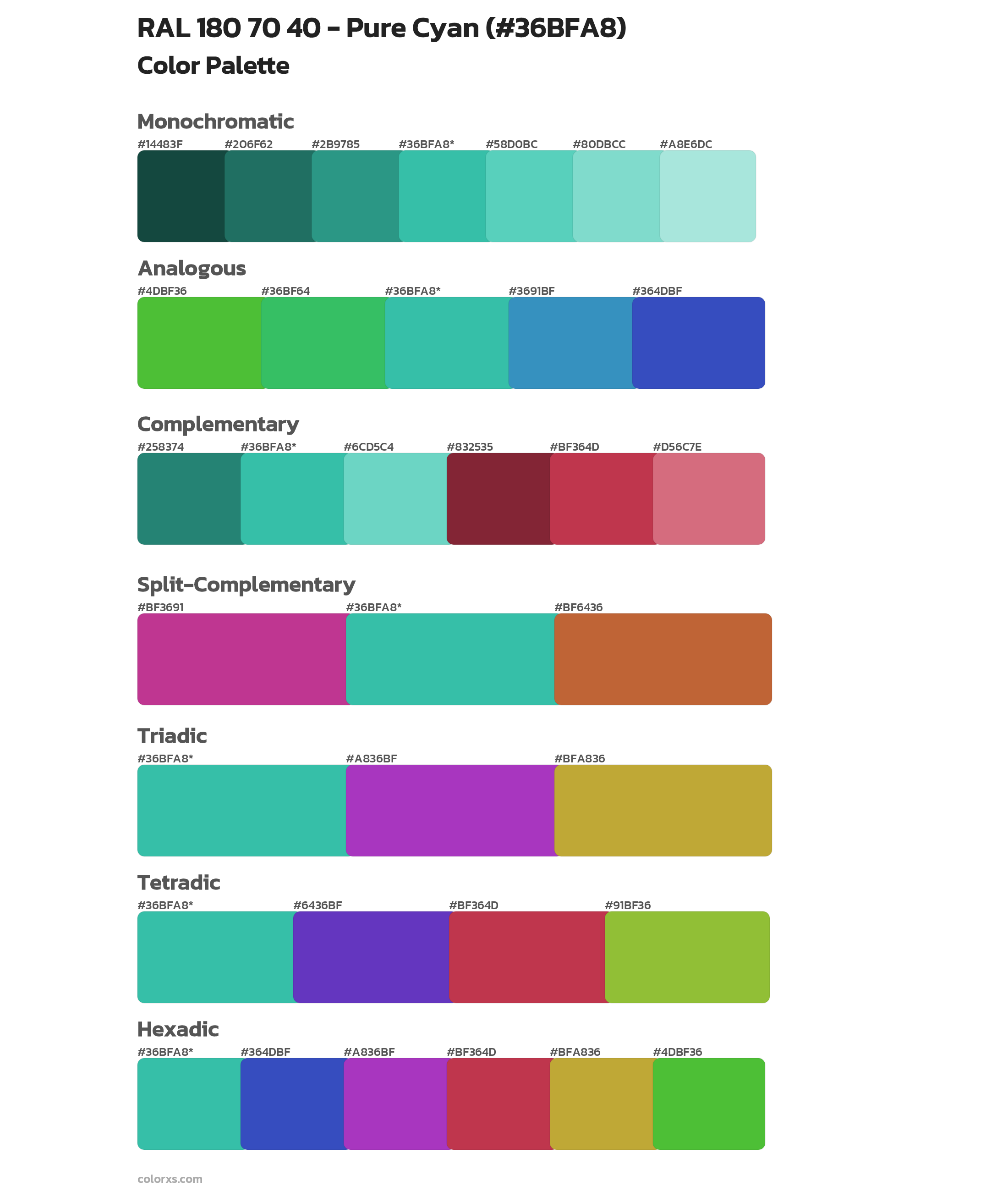 RAL 180 70 40 - Pure Cyan color palettes - colorxs.com